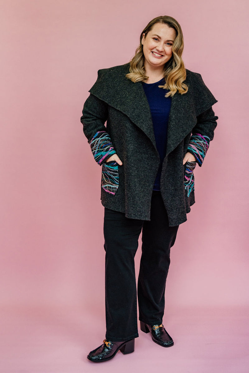 Embellished Short Wool Coat in Charcoal – Megan Crook Textiles